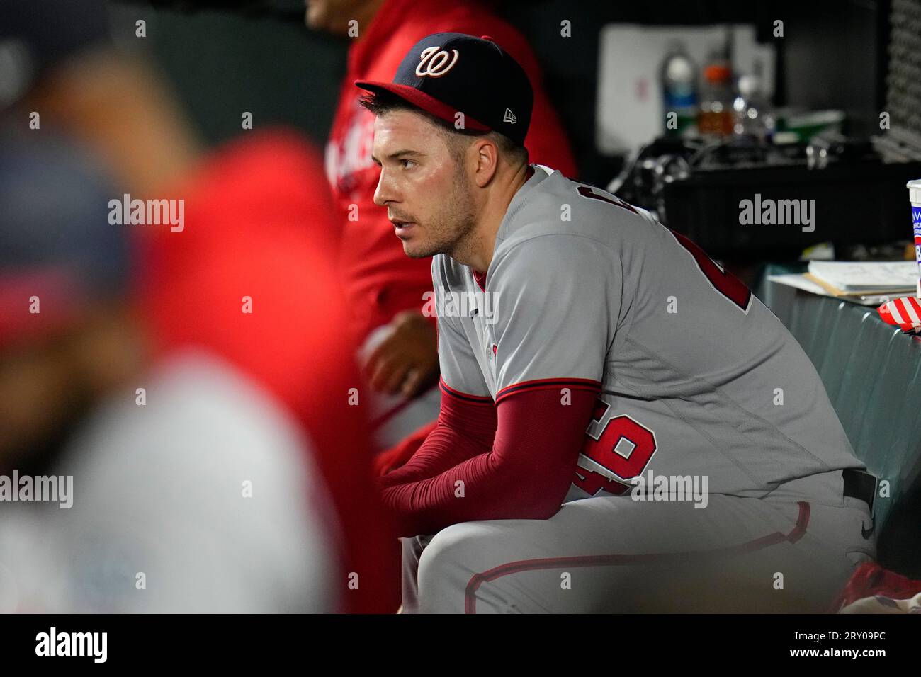 Washington Nationals starting pitcher Patrick Corbin sits in the dugout ...