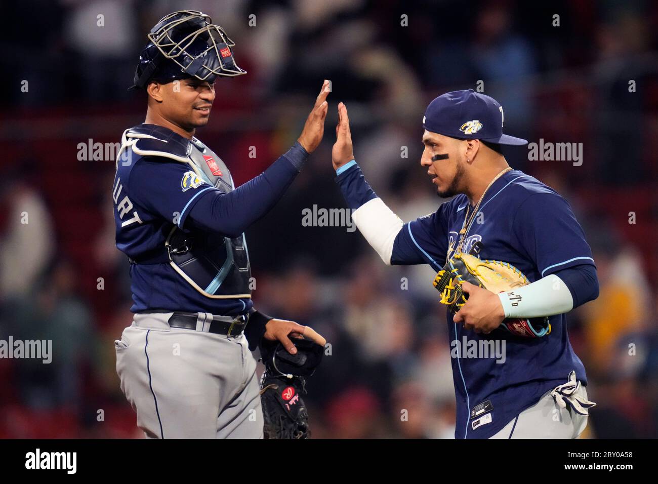 Tampa Bay Rays' Isaac Paredes, right, celebrates with catcher Christian ...