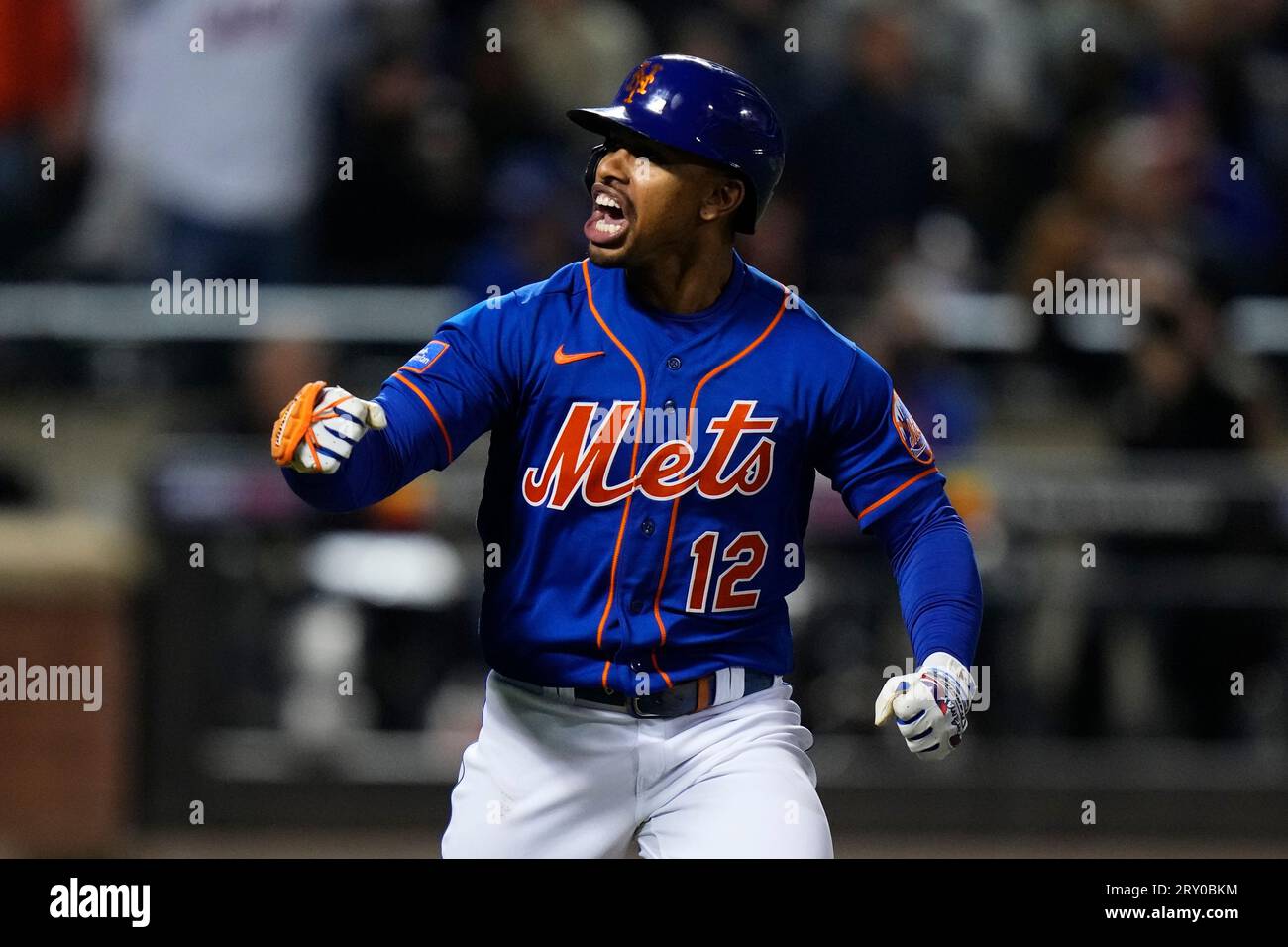 New York Mets' Francisco Lindor (12) celebrates after hitting his 30th ...