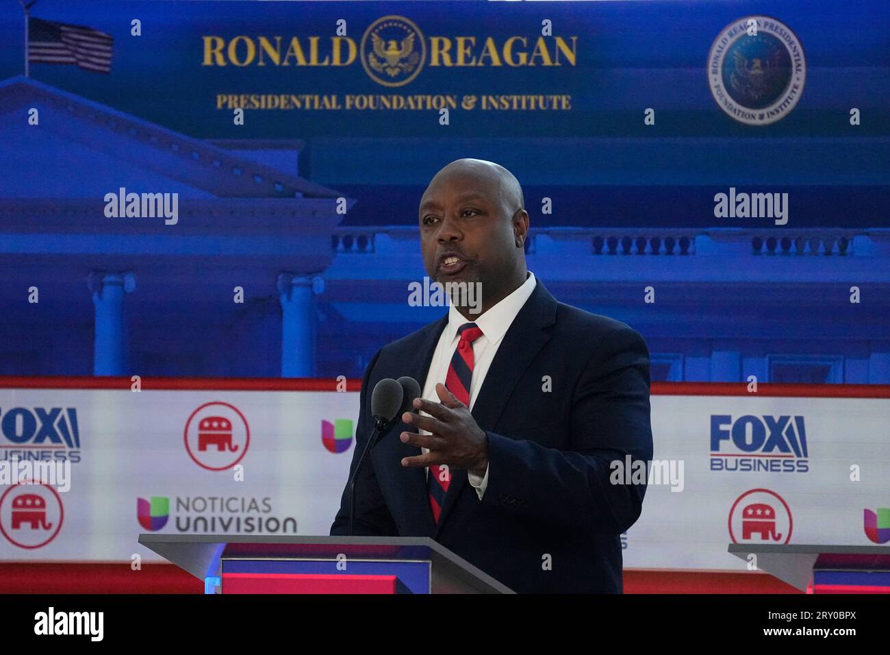 Sen. Tim Scott, R-S.C., speaks during a Republican presidential primary ...