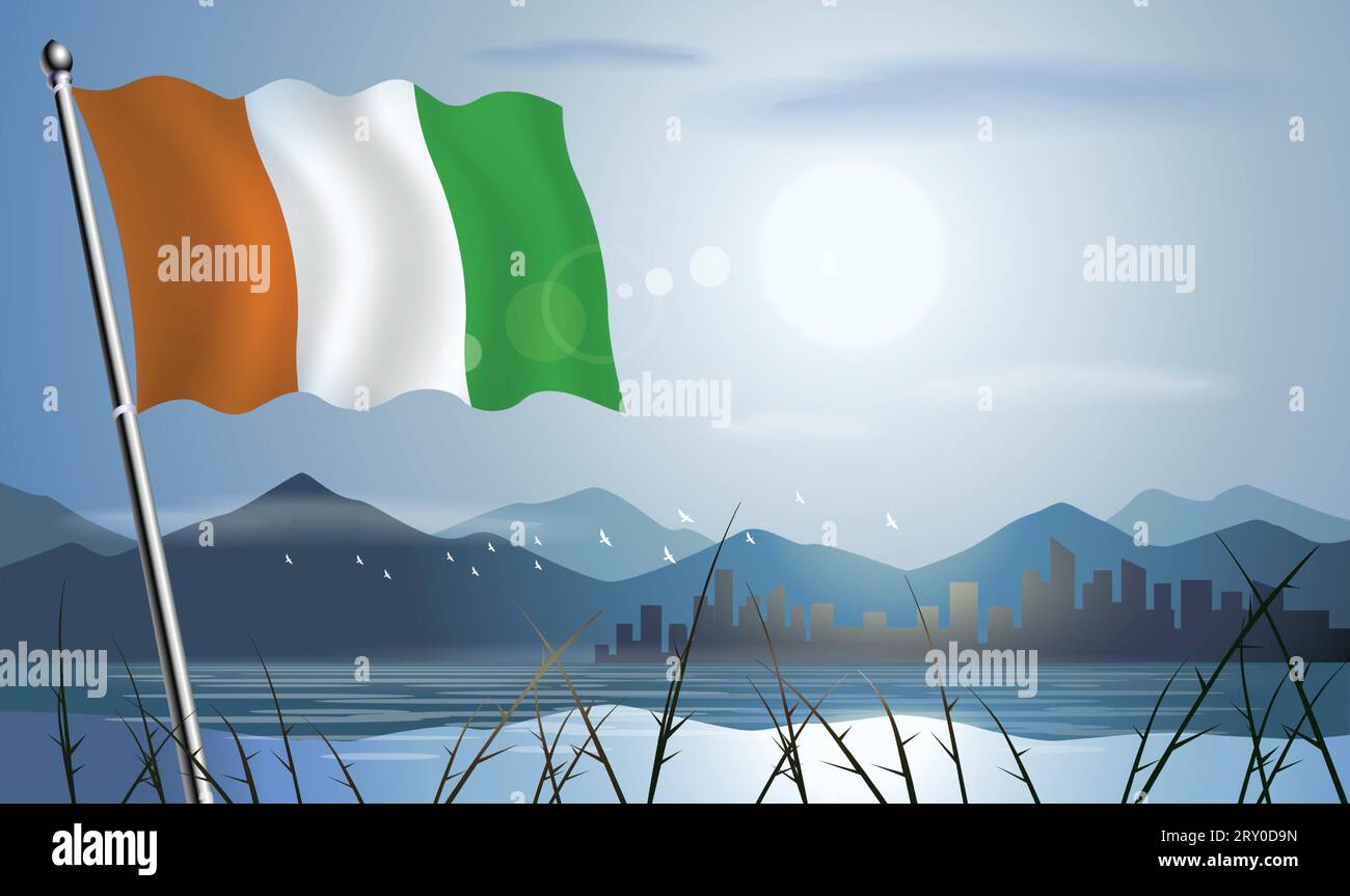 Cote D'Ivoire flag with sun background of mountains and lakes Stock ...