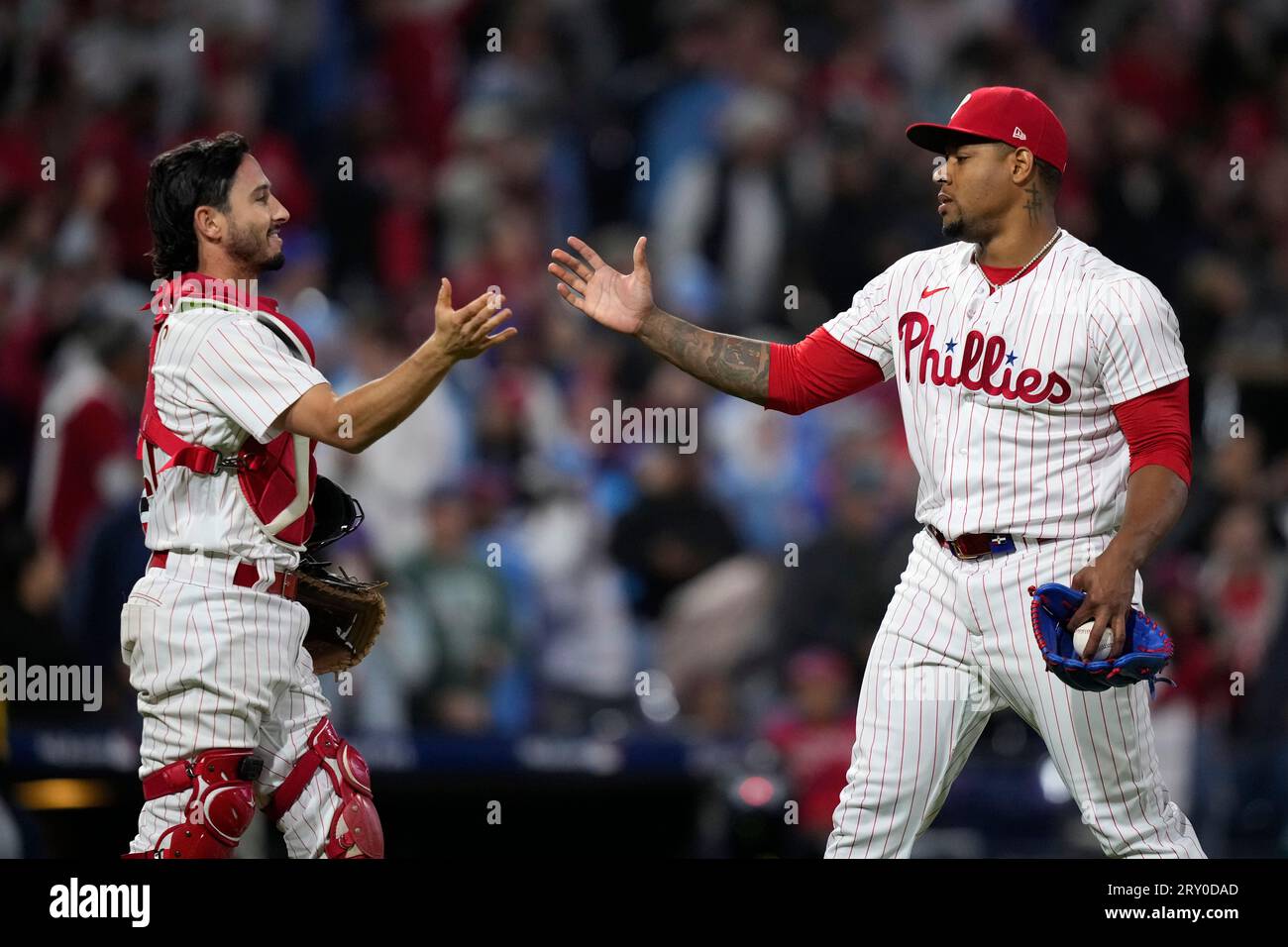 Philadelphia Phillies' Garrett Stubbs, left, and Gregory Soto celebrate ...