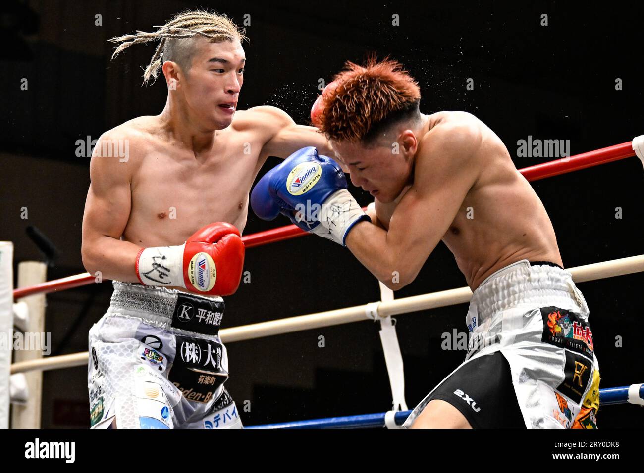 Suzumi Takayama (red gloves) hits Tsubasa Murachi (blue gloves) in the ...