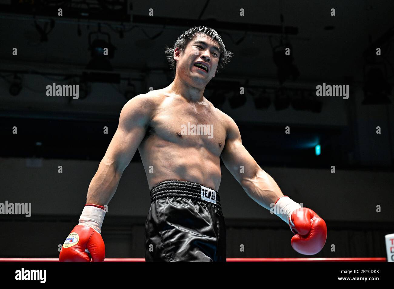 Eigoro Akai celebrates his eighth round TKO victory after the 2023 East ...