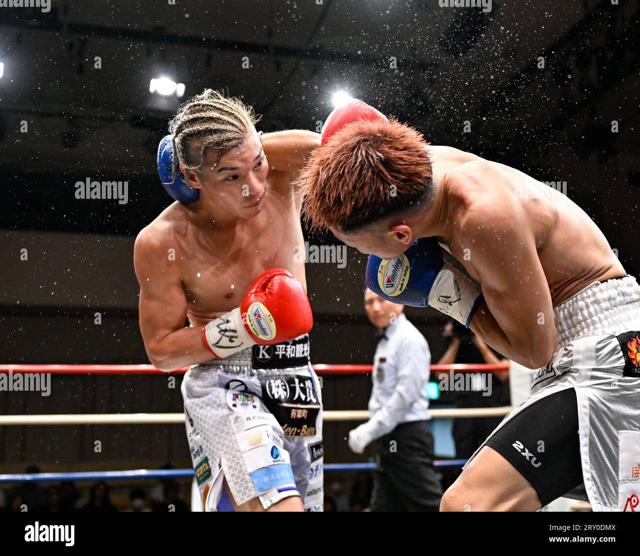 Suzumi Takayama (red gloves) hits Tsubasa Murachi (blue gloves) in the ...