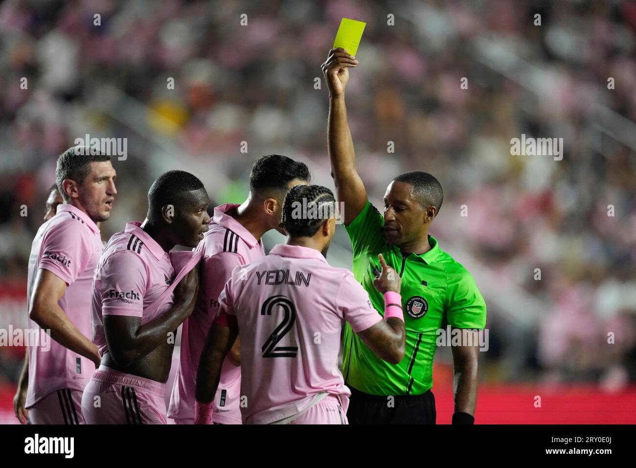 Inter Miami defender DeAndre Yedlin (2) receives a yellow card, setting ...