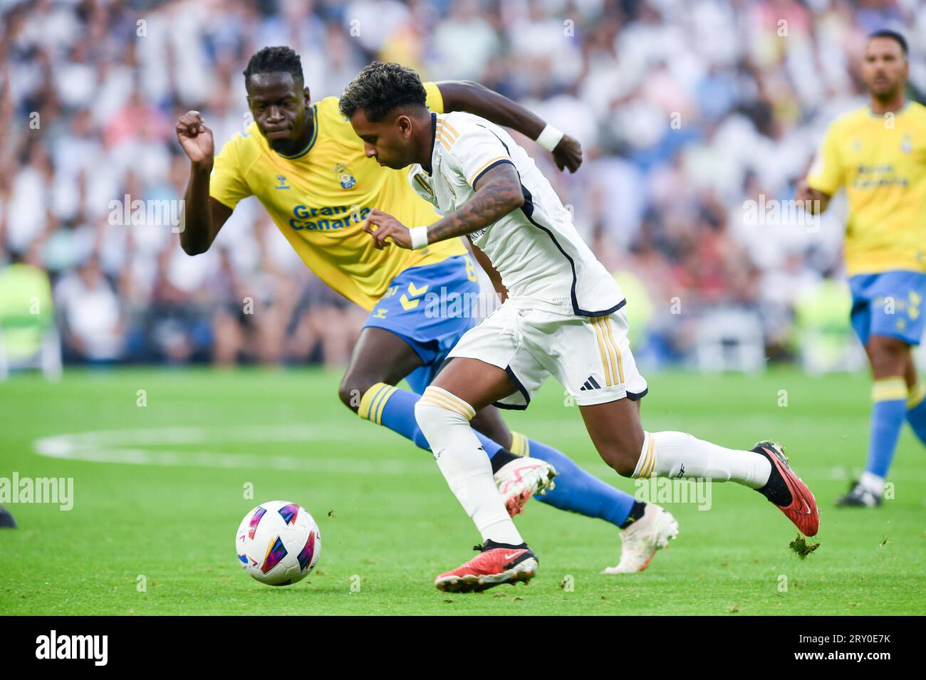 (230928) -- MADRID, Sept. 28, 2023 (Xinhua) -- Rodrygo of Real Madrid ...