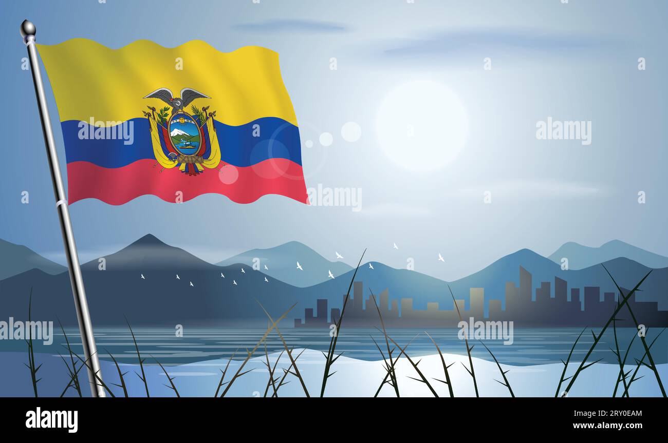 Ecuador flag with sun background of mountains and lakes Stock Vector ...
