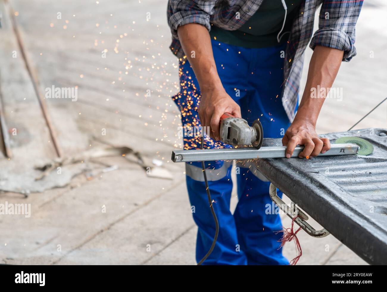 Close-up details of construction engineer worker cutting steel bars at ...