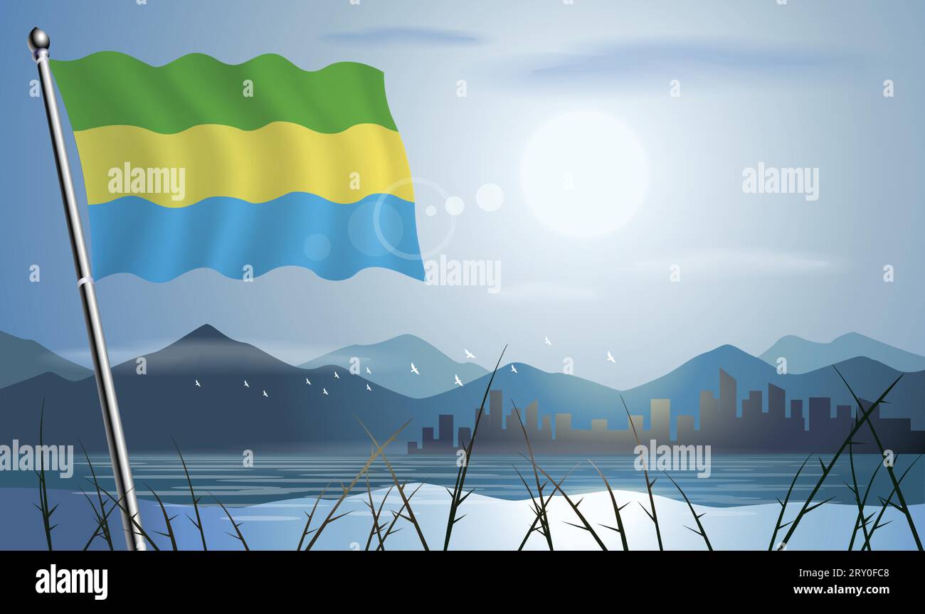 Gabon flag with sun background of mountains and lakes Stock Vector ...