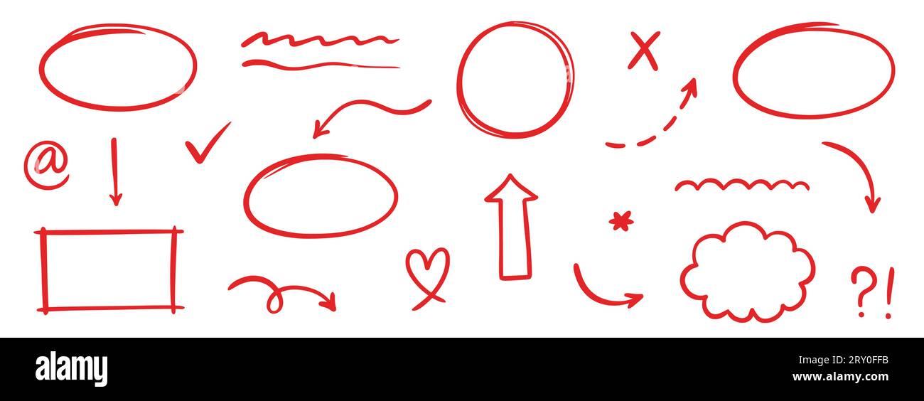 Pen marker line red arrow, underline, emphasis element set. Hand drawn ...