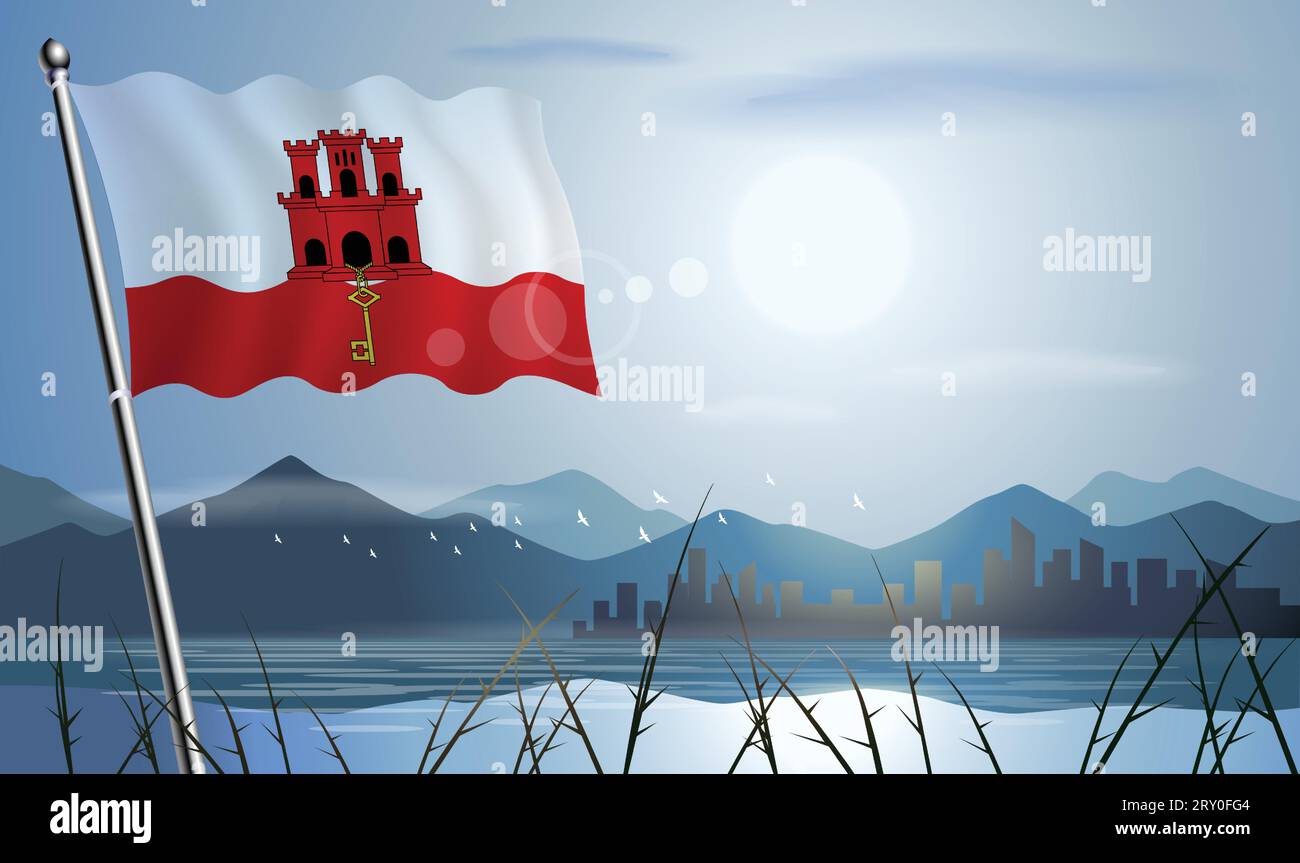 Gibraltar flag with sun background of mountains and lakes Stock Vector ...