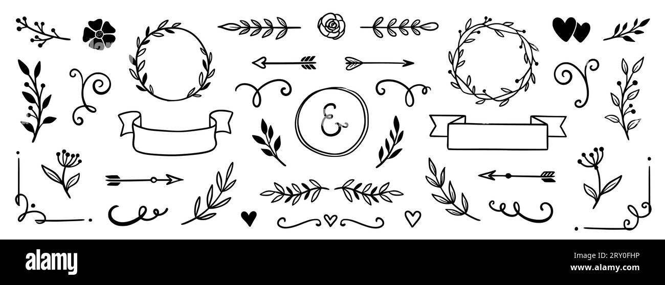 Flower frame, vintage ribbon vector element. Hand drawn doodle cute ...