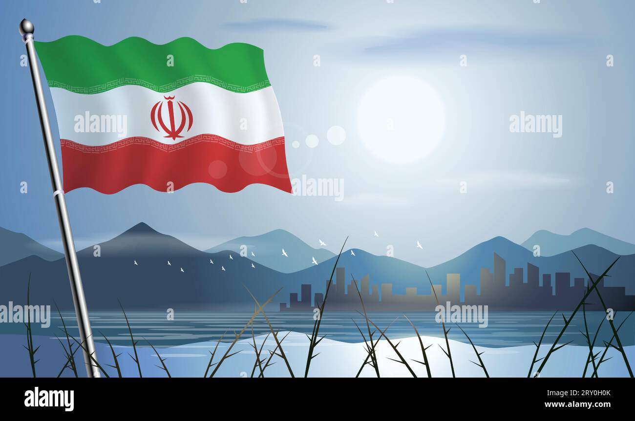 Iran flag with sun background of mountains and lakes Stock Vector Image ...