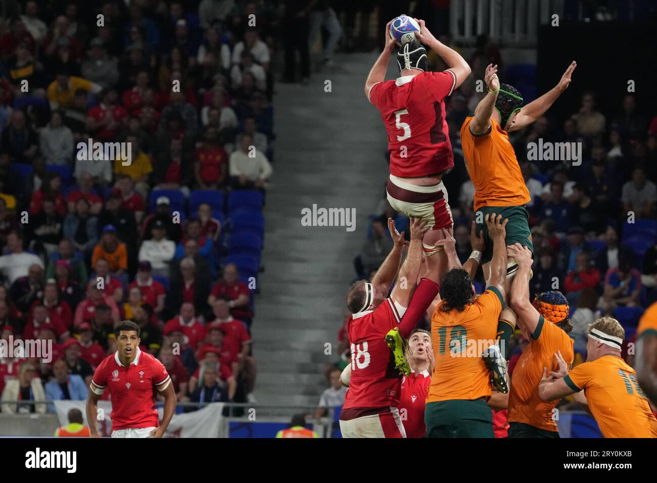Wales' Adam Beard cathes the ball in a line-out during the 2023 Rugby ...