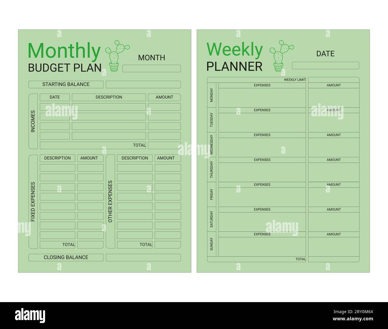 Monthly and weekly budget planner in A4 format with cactus Stock Vector ...