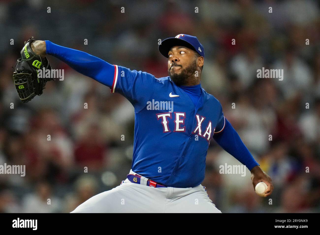 Texas Rangers relief pitcher Aroldis Chapman throws against the Los ...