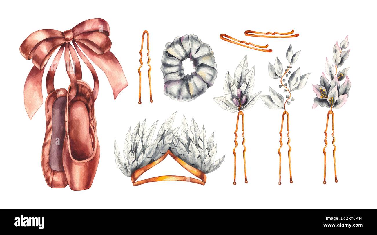 Watercolor ballet accessories. Hand drawn hair accessories and pointe ...