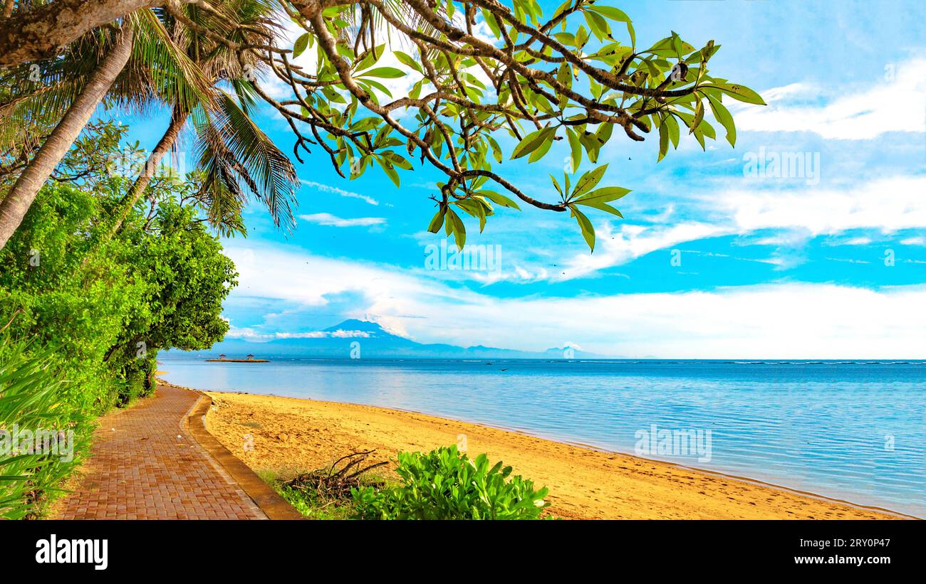 The coast of the island of Bali with greenery and yellow sand ...