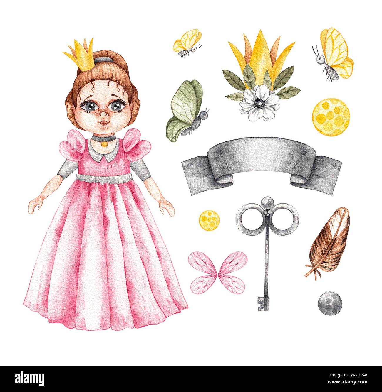 Watercolor paper doll and accessories. Princess drawn by hand. Girl ...