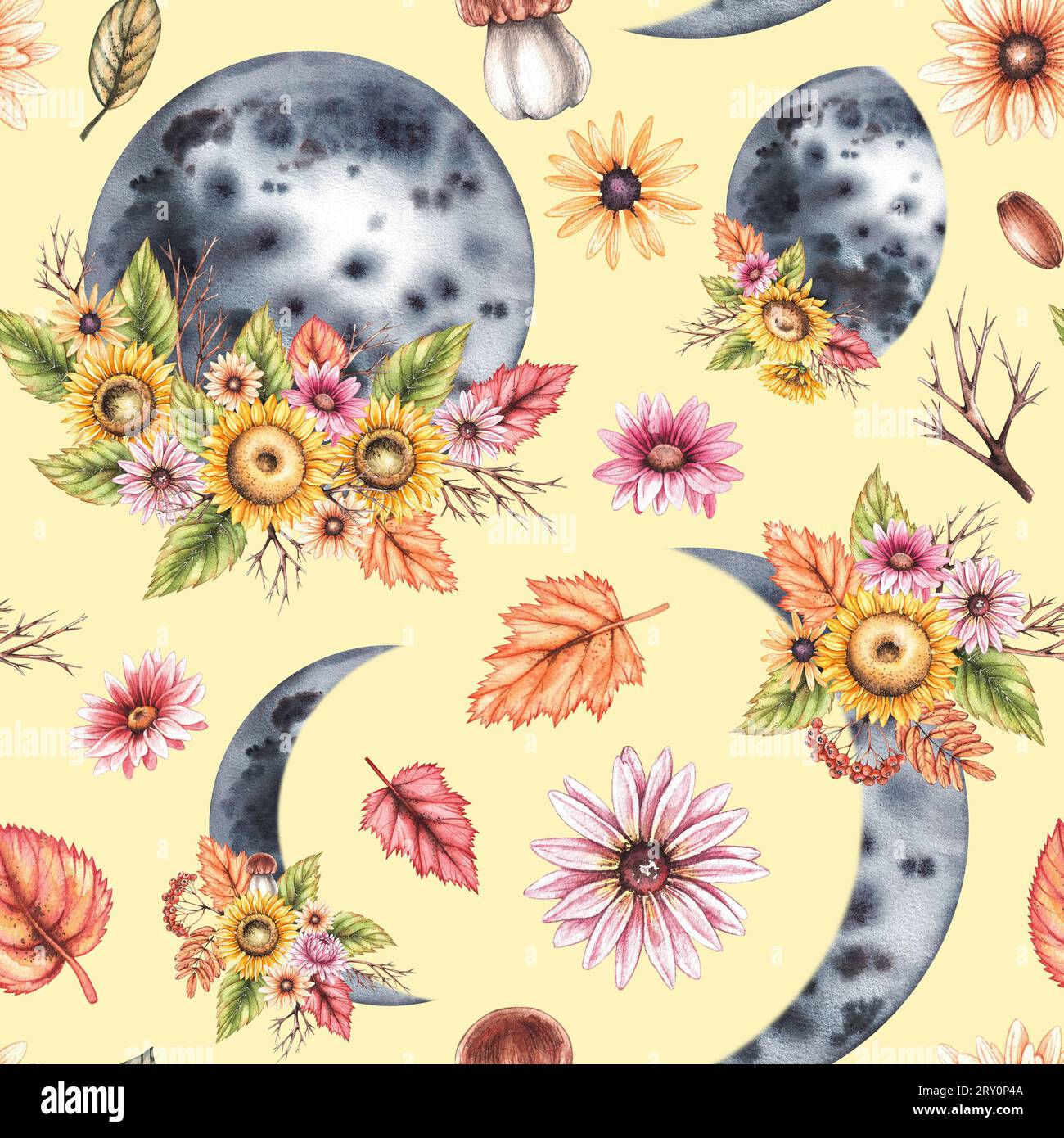 Watercolor pattern with moon on a yellow background. Hand drawn moon ...