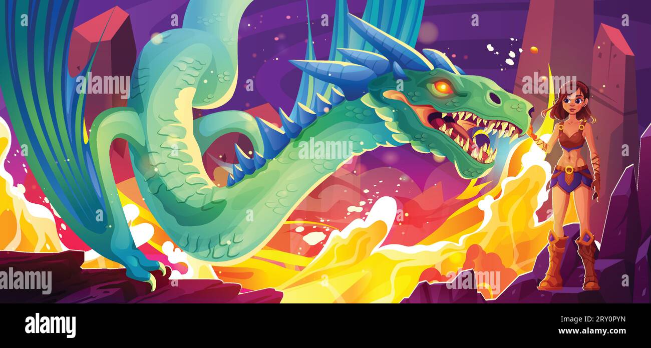 Girl caress fantasy dragon magic fire vector background scene. Landing ...