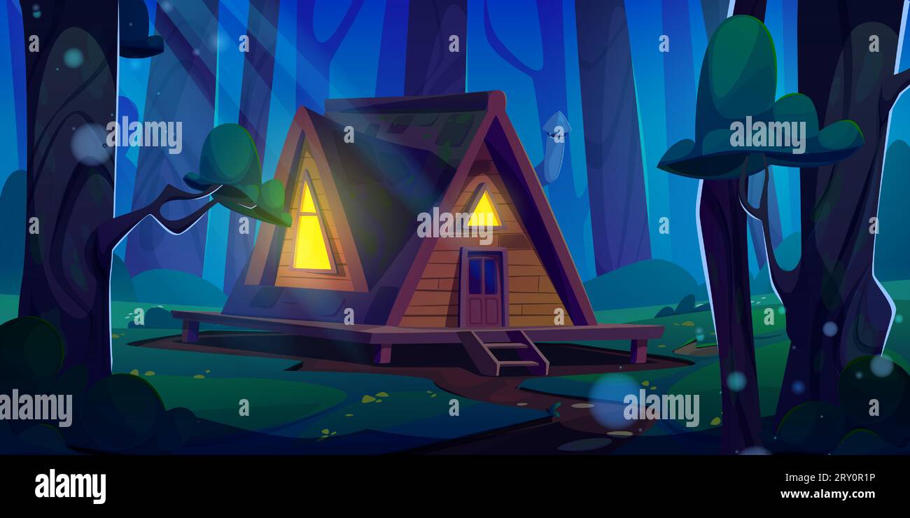 Road to wood house in night forest vector background. Fairy tale summer ...