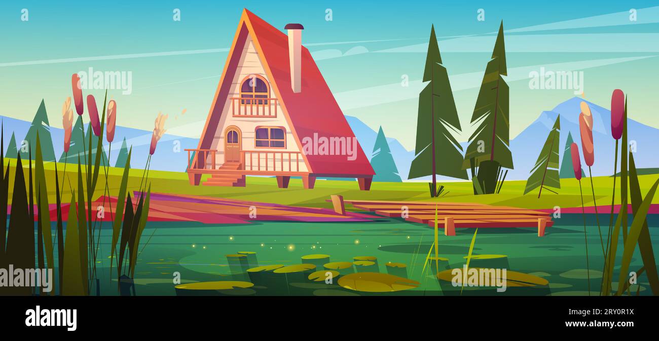 House on swamp with reed cartoon game landscape. Pond and grass fantasy ...