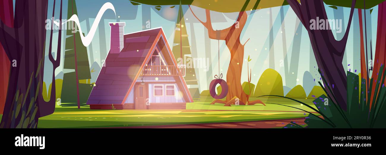 Small wooden house on glade in spring forest. Vector cartoon ...
