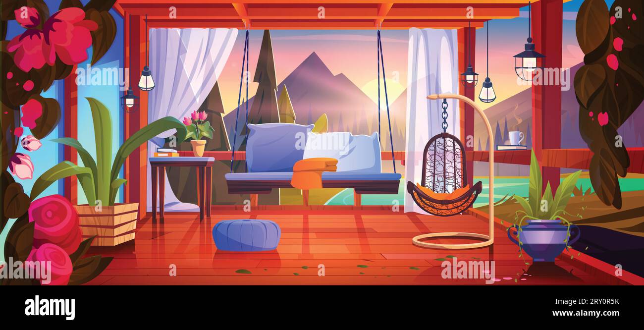 House terrace with sunrise mountain view cartoon vector illustration ...