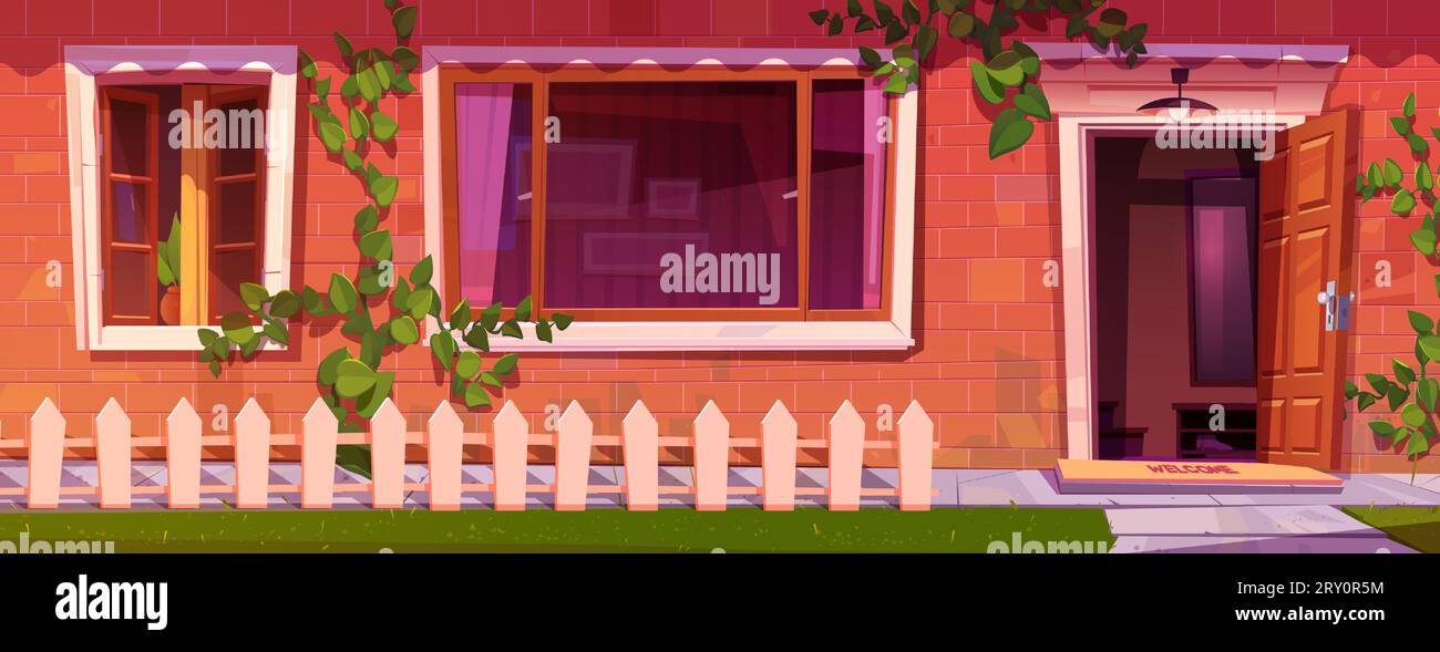 House facade with red brick wall, open door and windows. Vector cartoon ...