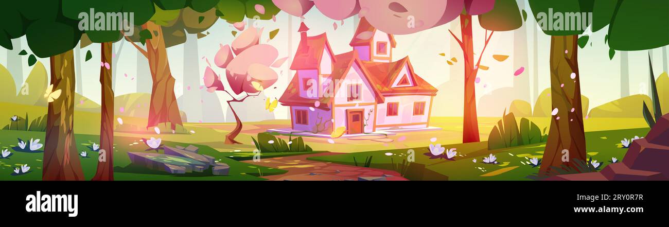 House in magic spring forest. Vector cartoon illustration of nice old ...