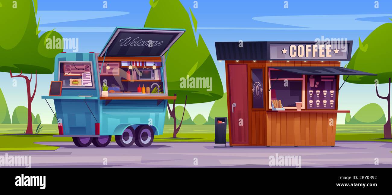 Street food and drink stalls in summer park. Vector cartoon ...