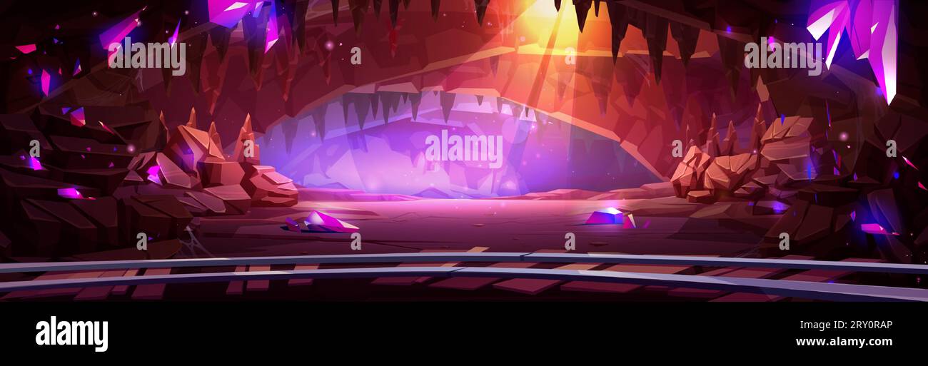Rail in underground mine cave cartoon game vector. Purple crystal and ...