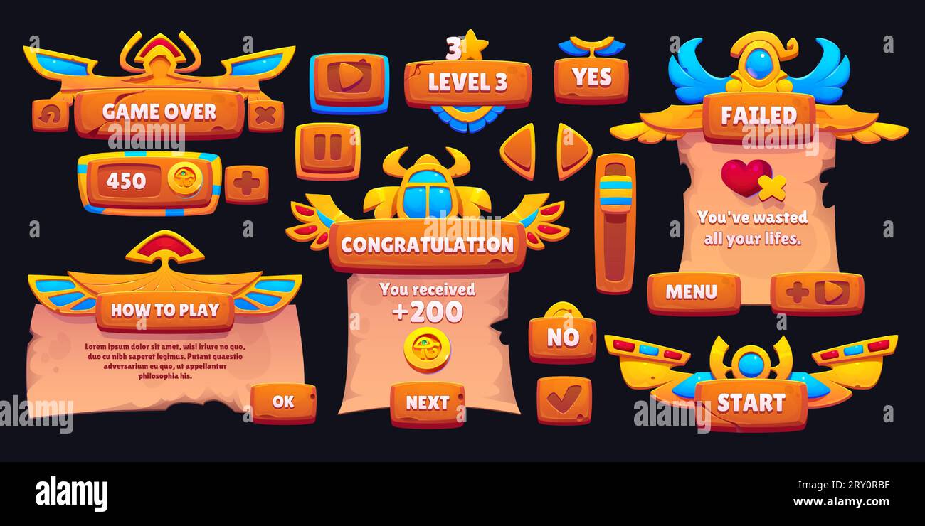 Egyptian ui game interface cartoon vector icon. Egypt menu design ...