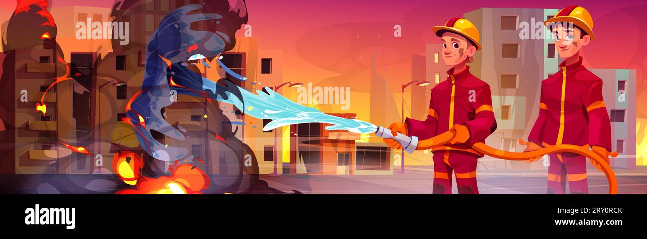 Two male firefighters in uniforms and helmets extinguish fire in city ...