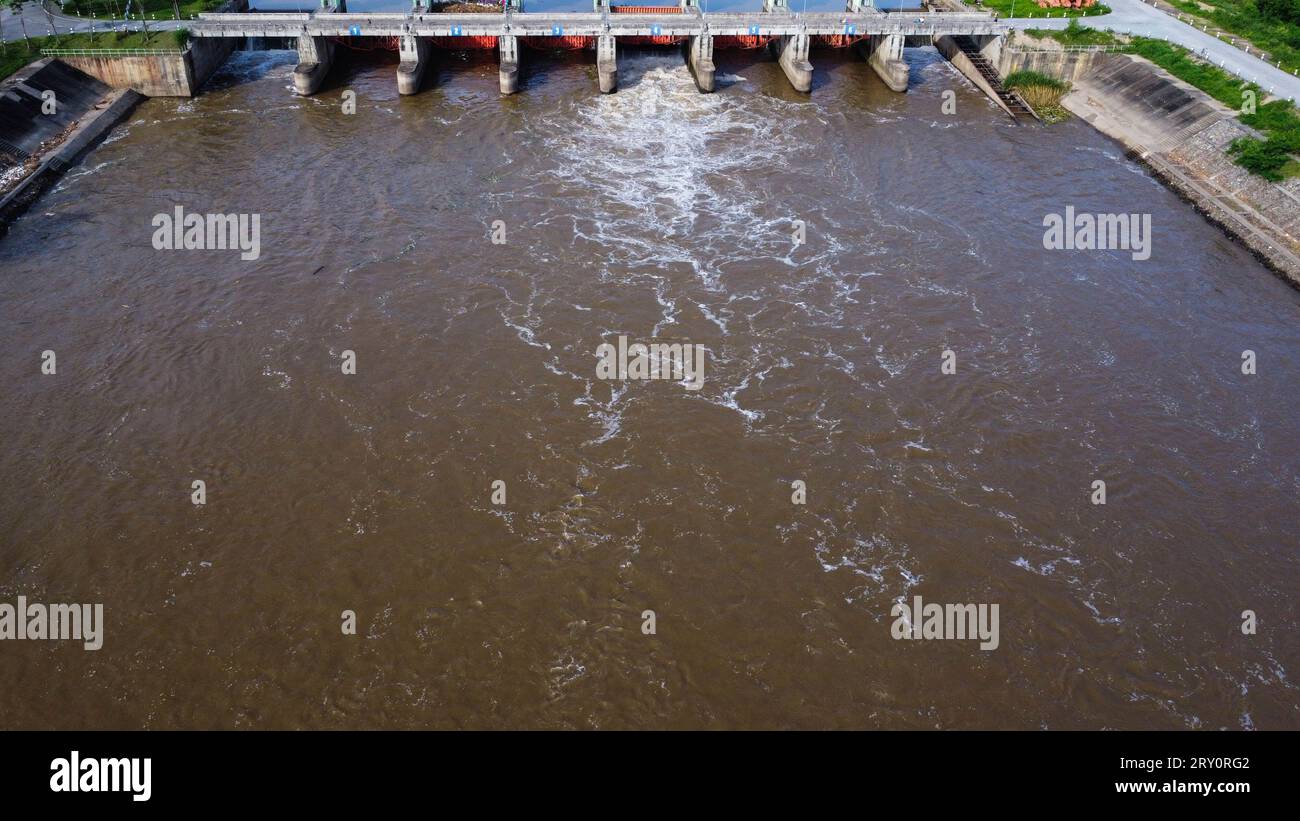 Aerial view of water released from the drainage channel of the concrete ...