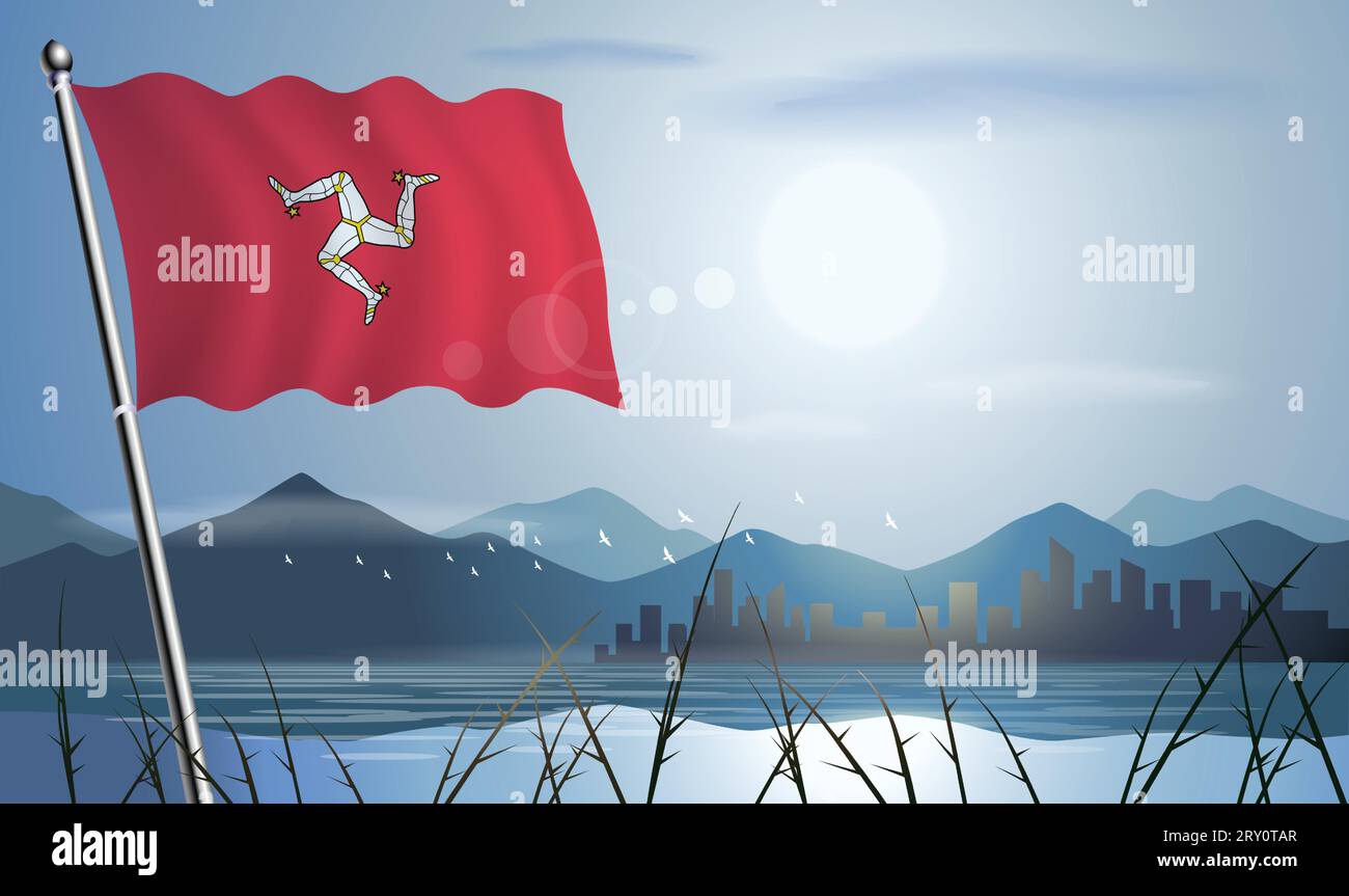 Isle of Man flag with sun background of mountains and lakes Stock ...