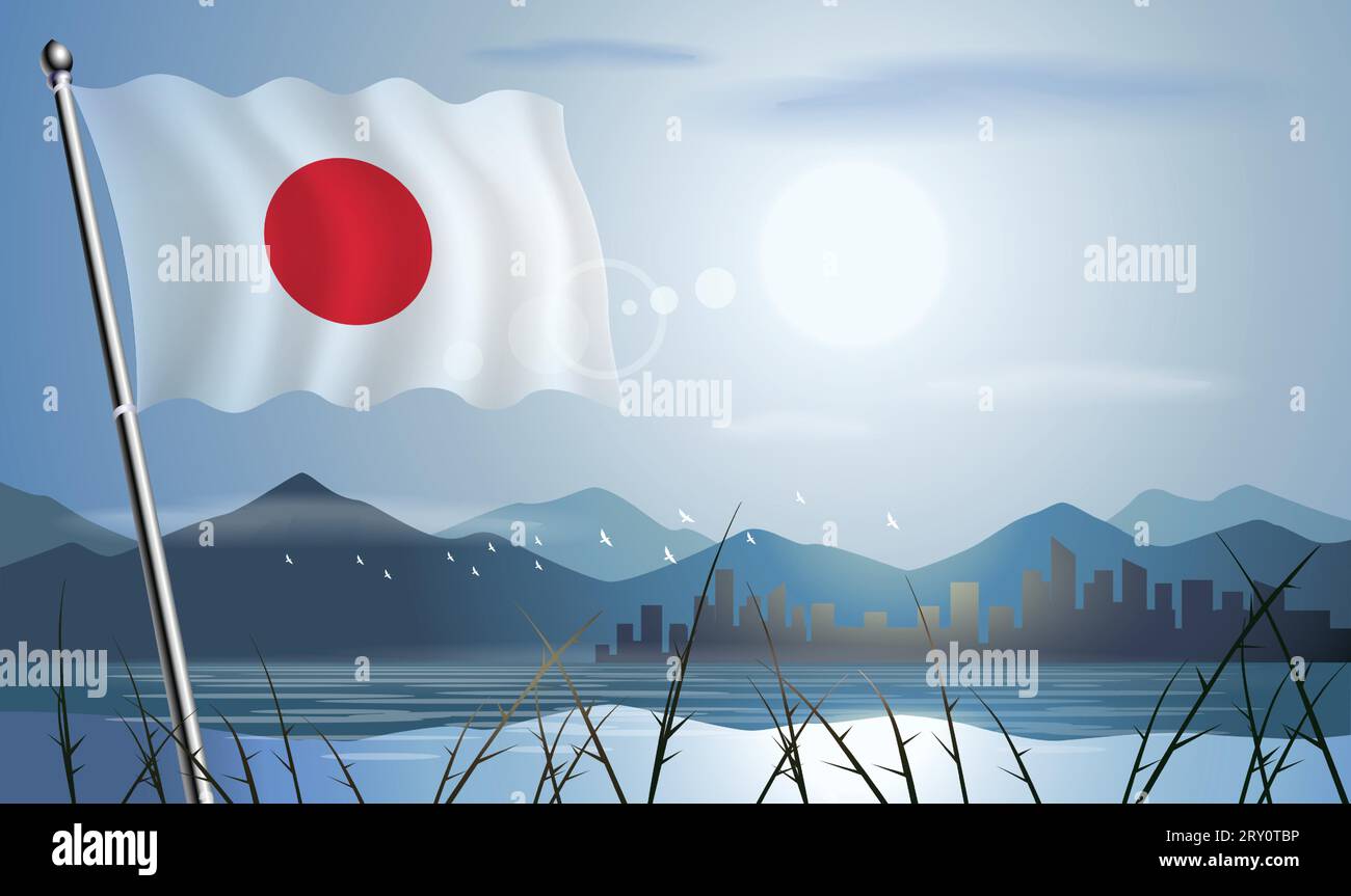 Japan flag with sun background of mountains and lakes Stock Vector ...