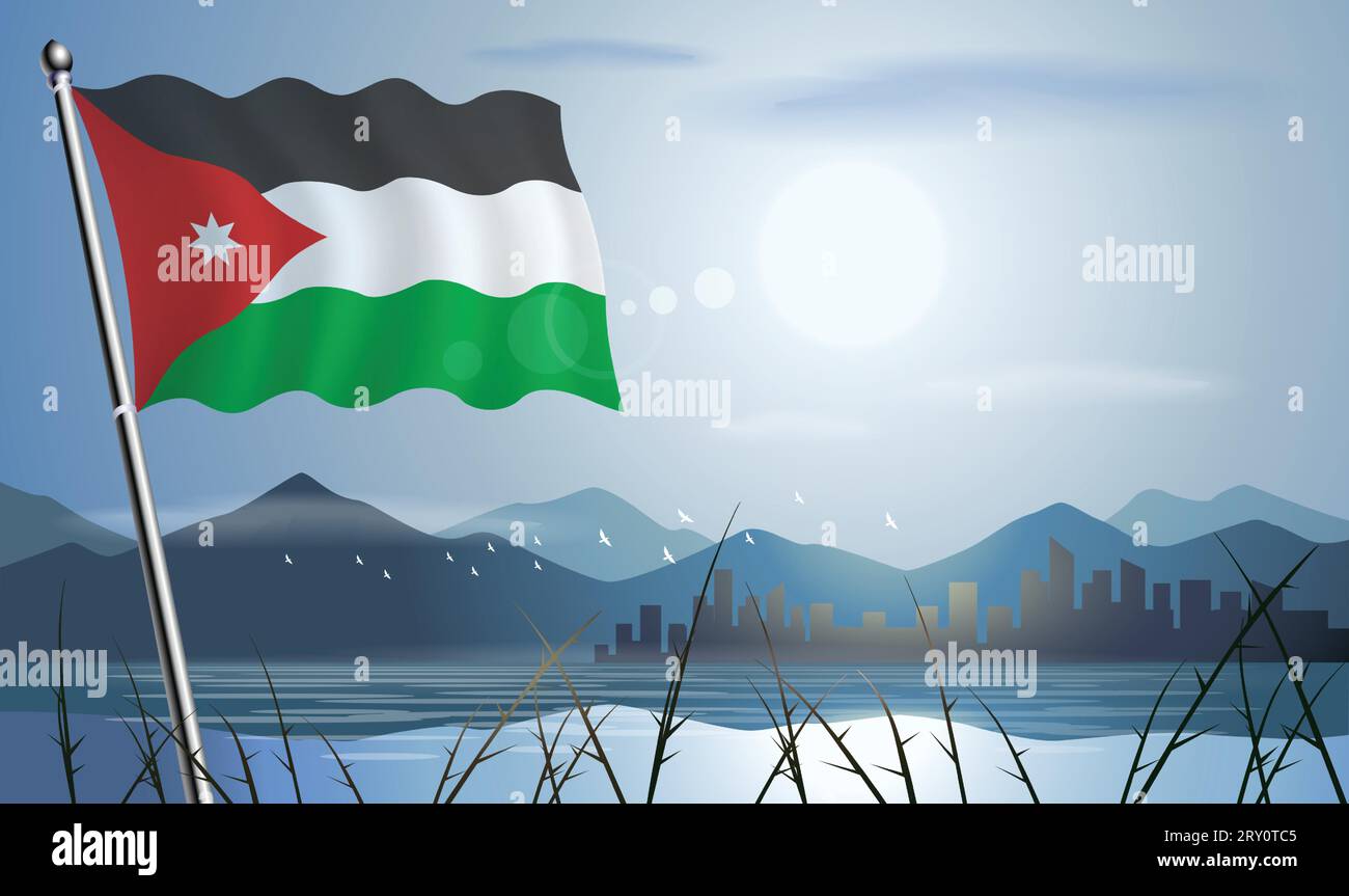 Jordan flag with sun background of mountains and lakes Stock Vector ...