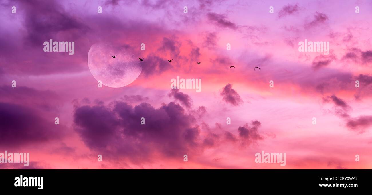 A Full Moon Is Rising In A Colorful Sunset Sky High Resolution Stock Photo - Alamy