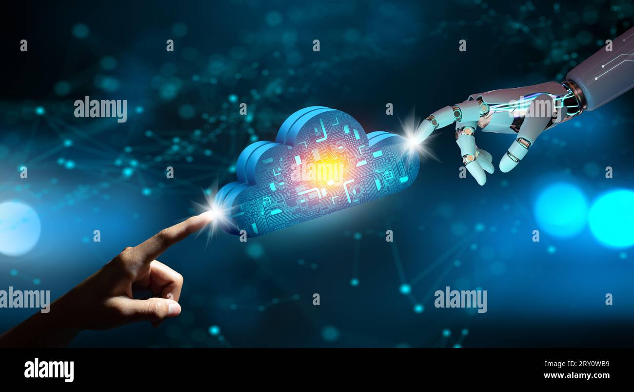 Ai Robot hand and Human hand pointing Cloud computing technology ...