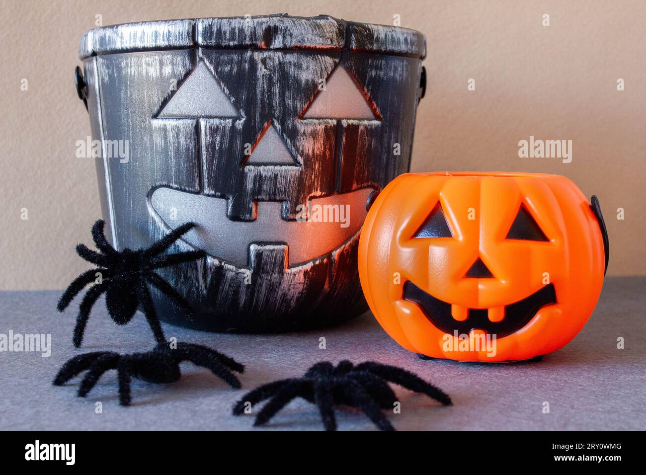 Pumpkins and spiders celebrating trick or treat on Halloween day. Jack ...