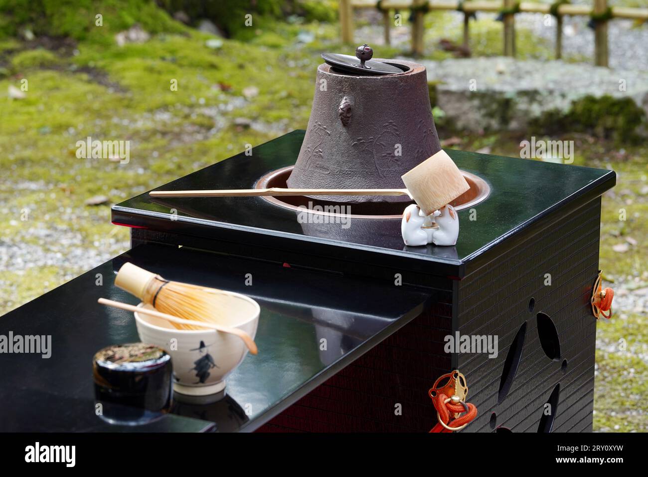 Tea set for traditional japanese green tea ceremony, iron pot, ladle ...