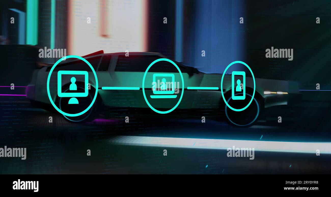 Image of digital interface with icons over car driving Stock Photo - Alamy