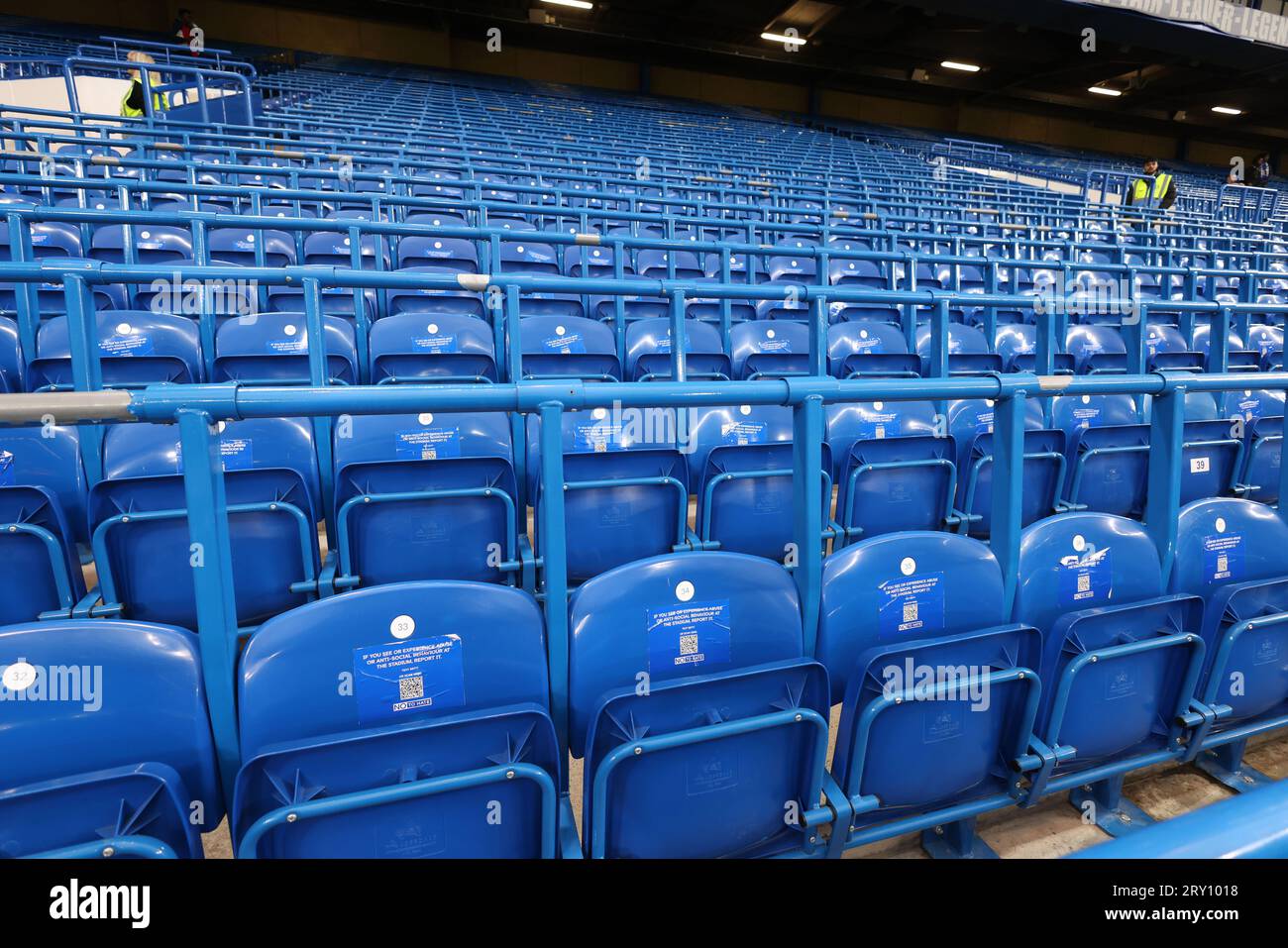 Blue seats at the Chelsea v Brighton and Hove Albion EFL Carabao Cup ...