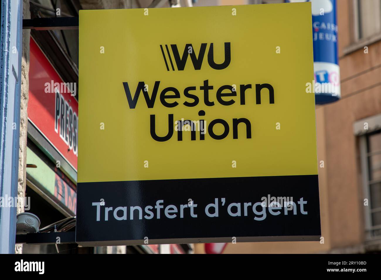 Bordeaux , France - 09 18 2023 : Western Union sign text and wu brand ...