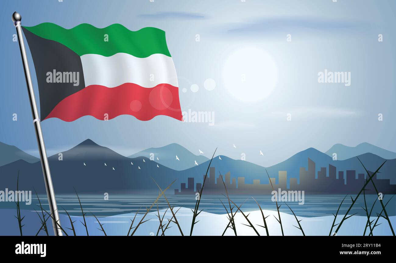 Kuwait flag with sun background of mountains and lakes Stock Vector ...
