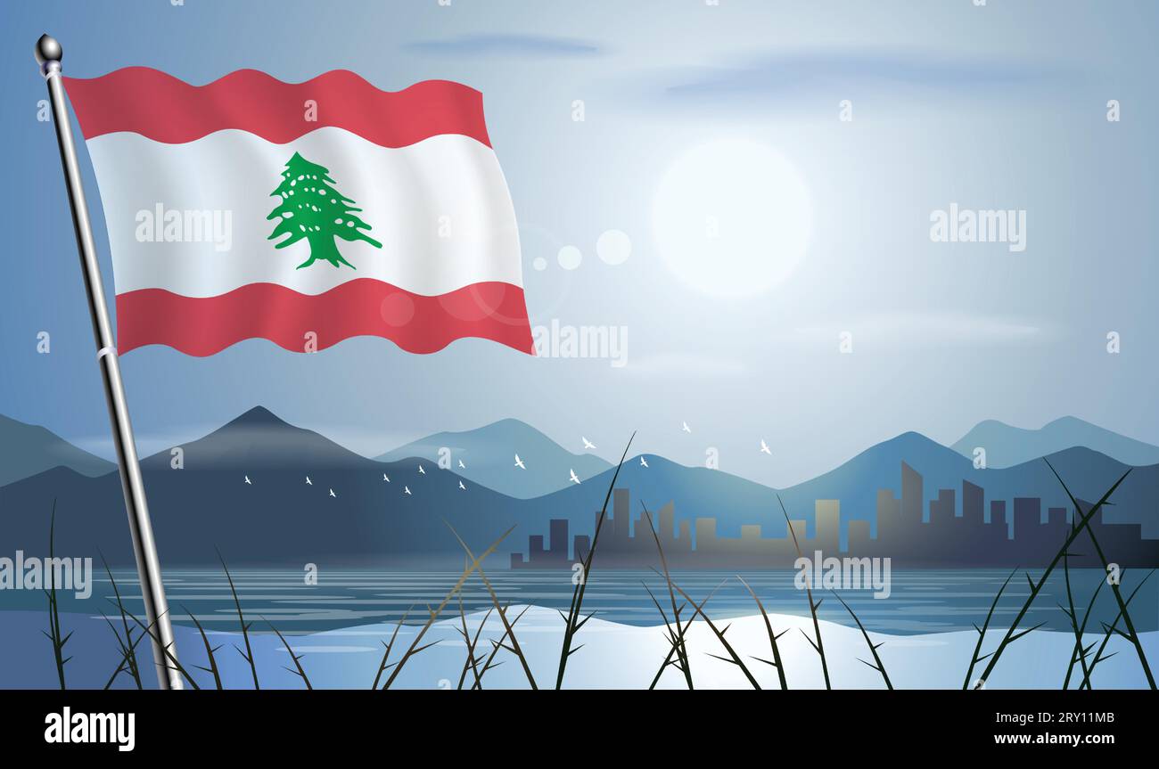 Lebanon flag with sun background of mountains and lakes Stock Vector ...