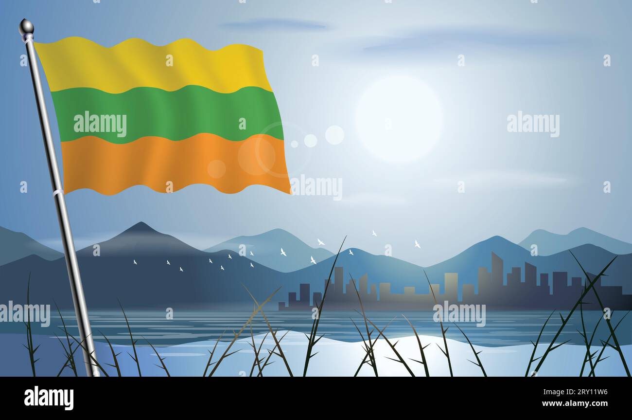 Lithuanian flag with sun background of mountains and lakes Stock Vector ...